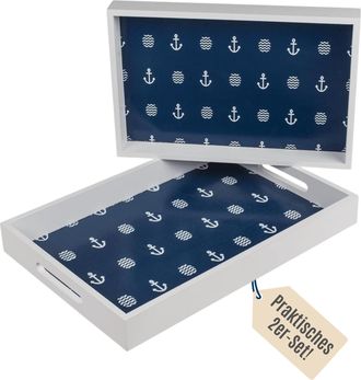 Out of the Blue Holz Tablett 2er-Set Modern Maritime - blau/wei&szlig;es Dekotablett gro&szlig; & klein im maritimen Design - stilvolles Holztablett f&uuml;r K&uuml;che und Wohnzimmer zum 