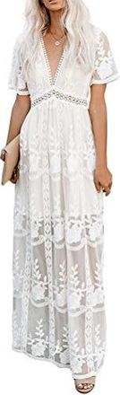 Minetom Robe Col V Manche Courte Femme Mousseline de Soie Robe Longue de Fête Mariage Soirée Cocktail Cérémonie Elégante Dentelle Maxi Dress D Blanc XL