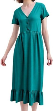 Generic Robe d&eacute;t&eacute; pour femme avec boutons de couleur unie, manches courtes, en coton et lin, patchwork pliss&eacute;, robe d&eacute;t&eacute;, robe boh&egrave;me, robe ample pour les vac