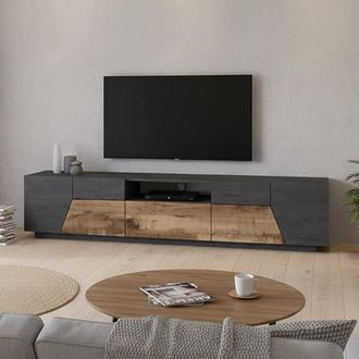 Dmora TV-Schrank Jacopo, niedriges Wohnzimmer-Sideboard, Fernsehst&auml;nder-Basis, 100 % Made in Italy, 220 x 43 x 46 cm, Schiefer und Ahorn