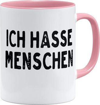 OM3 Ich Hasse Menschen Kaffee-Tasse mit lustigem Spruch - Keramik Becher - 11oz 325ml - Beidseitig Bedruckt - Rosa