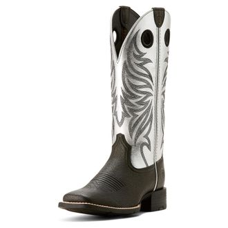 Ariat Womens Round Up Ryder Wide Square Toe Western Boots in Dark Carbon Antique Silver Leather, B Medium Width, Size 38.5, by Ariat