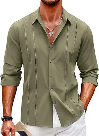 Generic Cuba Guayabera Chemise dété à manches courtes brodée et ajourée pour homme, vert militaire, L
