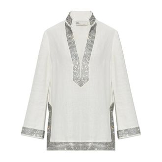 Tory Burch Femme, Blouses et Chemises, Blanc, Taille: 40 FR Tunique en lin orn&eacute;e