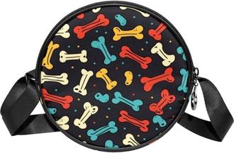 Generic Petit sac &agrave; bandouli&egrave;re rond pour femme, motif os de chien, sac &agrave; dos avec fermeture &eacute;clair, bretelles r&eacute;glables, sac &agrave; main rond d&eacute;contract&eacute; pour fem