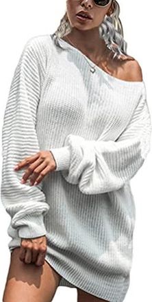 Minetom Robe Pull Femme Couleur Unie Manches Longues &Eacute;paules D&eacute;nud&eacute;es Robe Tricot&eacute; Automne Hiver Chandail Mini Robe Beige XL