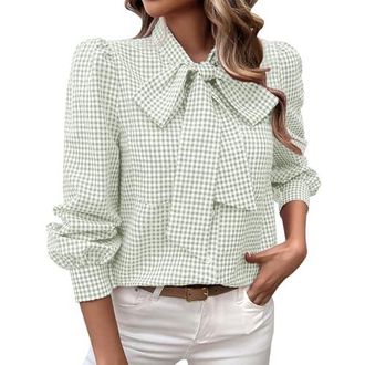 Generic Chemisier &agrave; carreaux &agrave; col en V pour femme - Haut &agrave; manches longues - Haut baggy - Haut d&eacute;contract&eacute; - Chemises vierges pour projets en vinyle, Vert, X