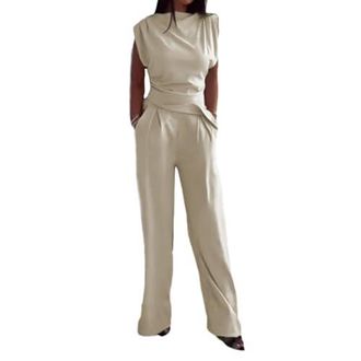 Generic Tenue deux pi&egrave;ces pour femme, col rond, pliss&eacute;, sans manches, d&eacute;contract&eacute;, d&eacute;bardeur &agrave; jambes larges, confortable et &eacute;l&eacute;gant, beige, 3XL