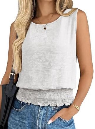 Generic D&eacute;bardeur textur&eacute; &agrave; ourlet &eacute;lastique pour femme, chemisier d&eacute;t&eacute; d&eacute;contract&eacute; &agrave; col rond, sans manches, chemises &agrave; bas smock&eacute;s, blanc, XXL