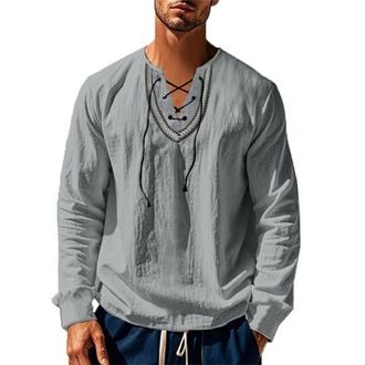 Generic Chemise d&eacute;t&eacute; en coton et lin pour homme - Chemise d&eacute;contract&eacute;e en coton et lin - Col rond - Manches longues - Tunique classique, gris, XXL