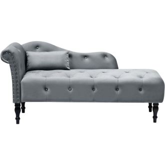 Beliani Chaiselongue Linksseitig Grau Samtstoff mit Kissen Hohe R&uuml;ckenlehne Armlehnen Gedrechselte Holzf&uuml;&szlig;e Nieten Kn&ouml;pfe Retro Chesterfield Stil