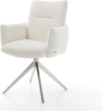 DELIFE Drehstuhl Jova-Flex mit Armlehnen Boucl&eacute; Wei&szlig; Kreuzgestell breit Edelstahl 360&deg; drehbar Wippfunktion Taschenfederkern, Esszimmerst&uuml;hle