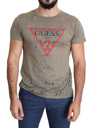 Guess Braunes Baumwollstretch T-Shirt mit Logo-Print f&uuml;r Herren mit perforierten Details
