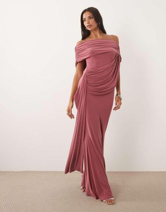 Asos Robe longue drap&eacute;e coupe asym&eacute;trique effet sculptant - Rose
