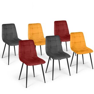 IDMarket Lot de 6 chaises MILA en velours mix color vintage bordeaux x2, gris fonc&eacute; x2, jaune ocre x2