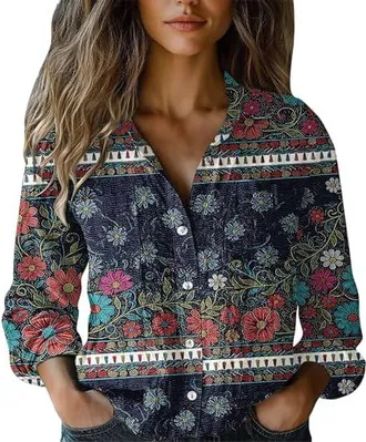 Generico Chemise Femme Curvy Manches Longues T Shirt Coton Et Lin Simple Grande Taille Chemisier Col en V Mode Blouse Vintage Fantaisie avec Boutons L&eacute;ger Chem