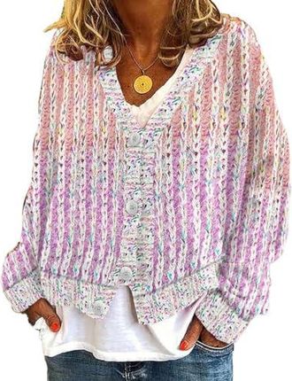 Onsoyours Gilets en Tricot Imprimé Femme Veste Courte Casual Cardigan Coupe Ample À Manches Longues Gilet Chaud avec Boutons Sweater Manteau Outwear Haut Top Ch