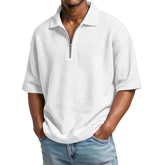 Generic Polo de sport pour homme avec fermeture &eacute;clair quart de fermeture &eacute;clair - Couleur unie - Haut gaufr&eacute; uni - T-shirt de sport &agrave; manches courtes - T-shi