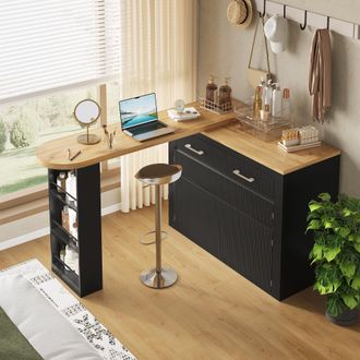 Generic LZPUOUI Bartisch Kommode 137-215 cm Schwarz Sideboard mit ausziehbarer Platte Schublade Rollen K&uuml;chenregal in Modern Design Muster Soft-Close T&uuml;ren Bu