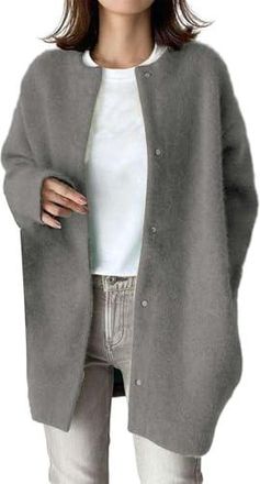 Generic Cardigan long en laine pour femme avec poches avant et revers chaud, gris, XXL