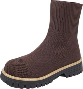 Generic Bottines Chelsea &eacute;l&eacute;gantes en tricot extensible &agrave; bout rond et talon &eacute;pais antid&eacute;rapant &eacute;lastique &agrave; enfiler Bottines Chelsea d&eacute;contract&eacute;es pour femme,