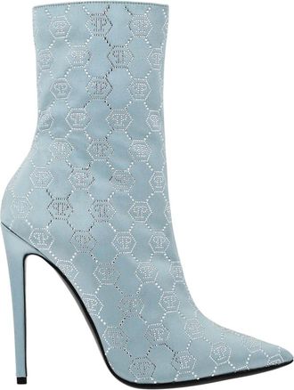 Philipp Plein Femme, Chaussures, Bleu, Taille: 39 EU Satin Bottes High Heels Mid Monogram Strass