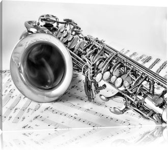 Pixxprint Saxophon auf Notenpapier, Gr&ouml;&szlig;e: 80x60cm, Leinwandbild, fertig gespannt, Wandbild, Dekoration, Kunstdruck, kein Poster