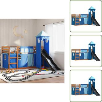 vidaXL Etagenbett mit Rutsche und Gardinen Blau 90x200 cm - Kinderhochbett - Holzbetten - Jugendzimmerm&ouml;bel - Etagenbett Mit Rutsche - Hochbett Mit