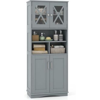 Costway Costway - Armoire de Rangement de 145 cm de Haut, 2 Portes en Acrylique Transparent, 3 Compartiments Ouvertes, Colonne Salle de Bain Autoportante