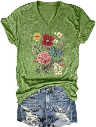 Generic T-shirt à manches courtes et col en V pour femme - Motif floral sauvage - Style rétro, Vert, XXL