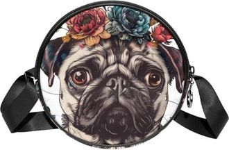 Generic Sac &agrave; bandouli&egrave;re rond pour femme, carlin, fleurs, petit sac &agrave; bandouli&egrave;re avec fermeture &eacute;clair, bretelles r&eacute;glables, sac &agrave; main rond d&eacute;contract&eacute; pou