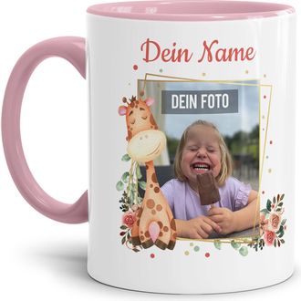 Tassendruck Kinder-Tasse mit Tiermotiv Giraffe - mit Foto & Name selbst gestalten - Für Mädchen & Jungen - Keramik Innen & Henkel Rosa, 300 ml I Personalisiertes 