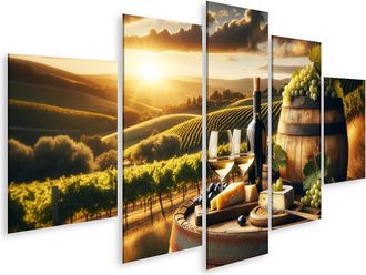 Islandburner Leinwandbild Altes Holzfass als Tisch &uuml;ppiger Weinberg in der Toskana - Leinwand 170x80cm - 5 Teile