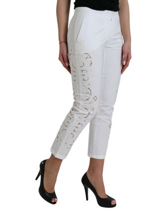 Dolce & Gabbana Womens White Cut Out Cotton Mid Waist Cropped Pants Viscose