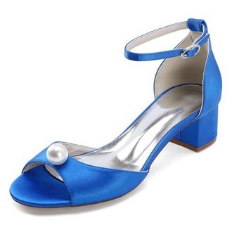 Generic Chaussures De Mariage Femmes Chunky Heels Ouvert Bout Mariée Blocs Bas Sandales Dress Fête Hauts Talons 4.5Cm,Royal Blue,35 EU