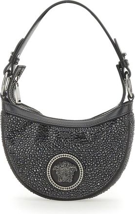 Versace Womens Mini Hobo Bag With Crystals Black Outside: Silk Shoulder