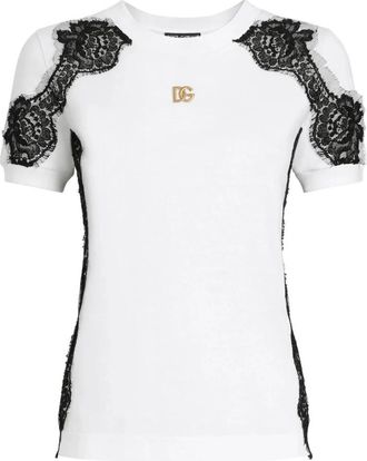 Dolce & Gabbana Femme, Tops, Blanc, Taille: 42 FR T-shirt en jersey avec d&eacute;tails en dentelle