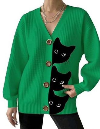 Generic Cardigan ample &agrave; imprim&eacute; chat dHalloween pour femme avec style dautomne et tissu tricot&eacute; confortable, Vert, XXL