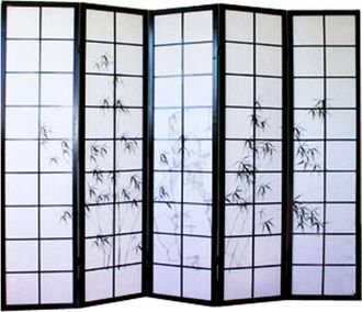 PEGANE Pegane - Paravent japonais en bois noir dessin bambou de 5 pans