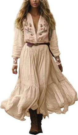 Generico Robe longue maxi boh&egrave;me vintage de style rustique pour femme avec col en V et imprim&eacute; floral &agrave; manches longues Style occidental et champ&ecirc;tre, beige, X
