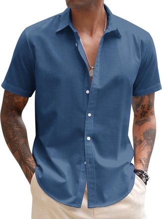Coofandy Herren Hemd Kurzarm Leinenhemd Sommer Hemd Strand Regular Fit Urlaub Freizeithemd Blau XXL