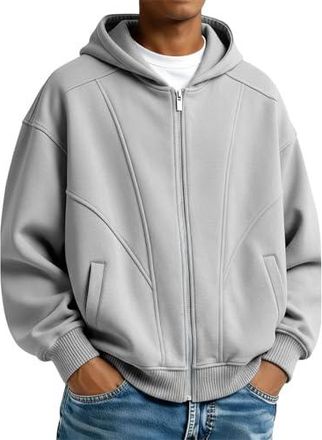 Generic Sweat &agrave; capuche &agrave; manches longues pour homme avec imprim&eacute; g&eacute;om&eacute;trique et fermeture &eacute;clair style r&eacute;tro d&eacute;contract&eacute;, gris, 5XL