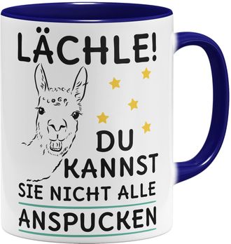 OM3 Lächle du kannst sie nicht alle anspucken Lama Kaffee-Tasse mit Spruch - Motiv Alpaka - Keramik Becher - 325ml - Beidseitig Bedruckt - Dunkelblau