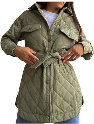Generic Vestes pour femmes, automne et hiver, couleur unie, revers &agrave; boutonnage, ceinture ample, manteau chaud 2026, vert militaire, XL