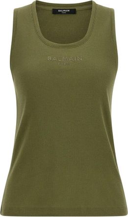 Balmain Femme, Tops, Vert, Taille: 40 FR D&eacute;bardeur C&ocirc;tel&eacute; en Coton