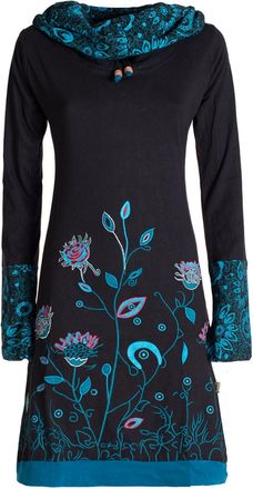vishes Alternative Bekleidung - Damen Blumen-Kleid Langarm-Shirtkleid Schal-Kragen Baumwollkleid schwarz 46