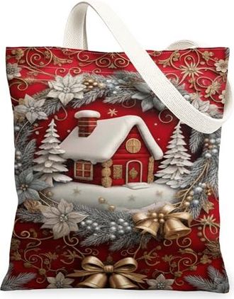 Generic Sacs fourre-tout en toile de No&euml;l, motif sc&egrave;ne dhiver, sacs d&eacute;picerie l&eacute;gers et r&eacute;utilisables, motif floral vintage, &eacute;paules lavables, Rouge, 13x15 In