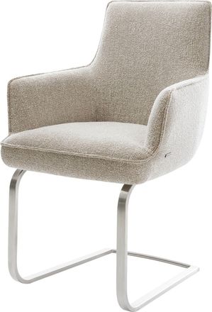 DELIFE Schwingstuhl Heira-Flex mit Armlehnen Freischwinger flach Edelstahl Webstoff Soft Beige Taschenfederkern