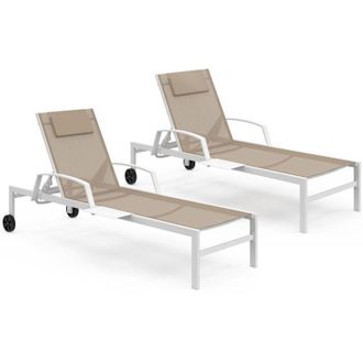 IDMarket Lot de 2 transats de jardin inclinables JAVA avec tablettes en acier blanc et toile beige