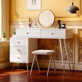 Generic Schminktisch mit LED-Beleuchtung & Spiegel - 100x78x40 cm, Mit Verstellbarem Seitenschrank & Ausziehbarem Design (Ohne Hocker)